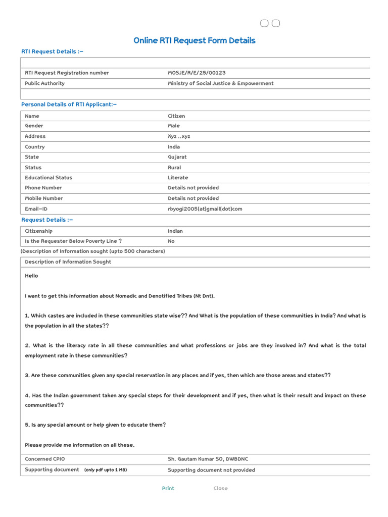 RTI Online - Request - Appeal Form Details | PDF