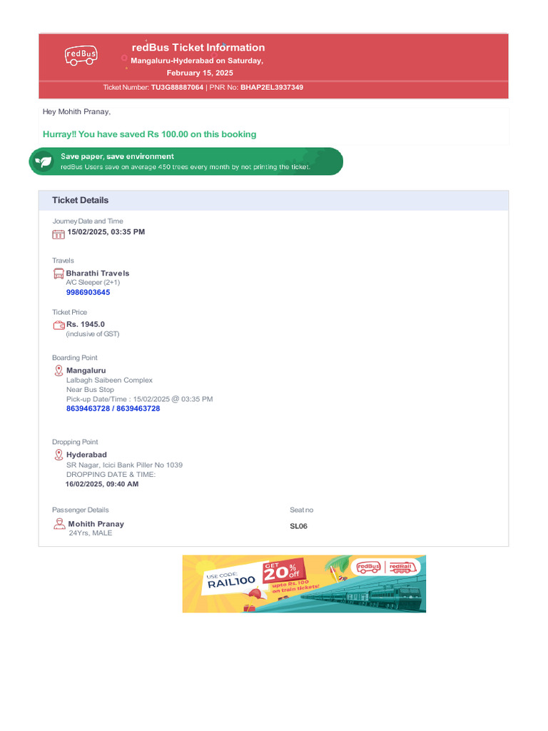 Pranay Redbus - HYD - Mangaluru | PDF | Bus