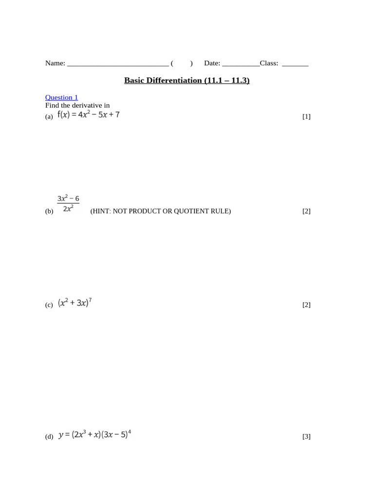 Basic Differentiation - Direct Qns | PDF