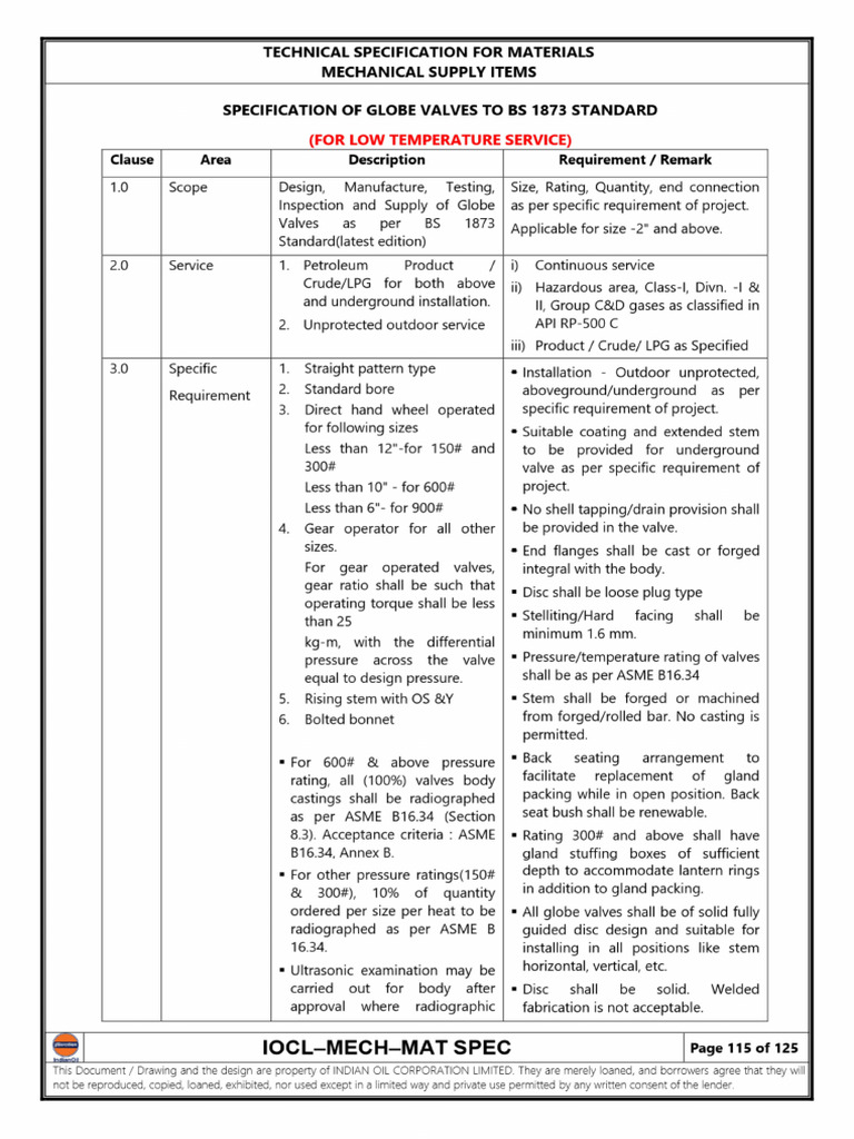 Technical Spec Globe Valve BS 1873 | PDF