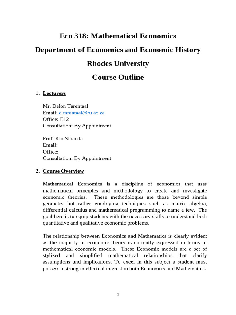Mathematical Economics Course Overview | PDF | Matrix (Mathematics ...
