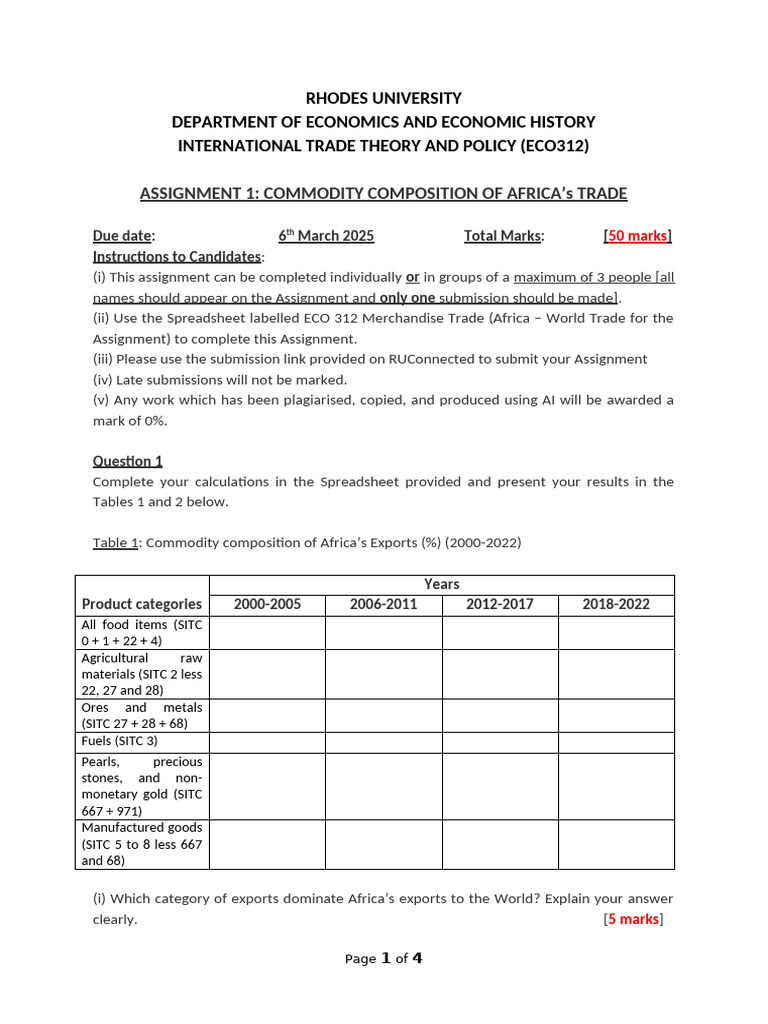 ECO 312 Assignment (2025 Commodity Composition of Africa-World Trade) (1) | PDF | Economies | Trade