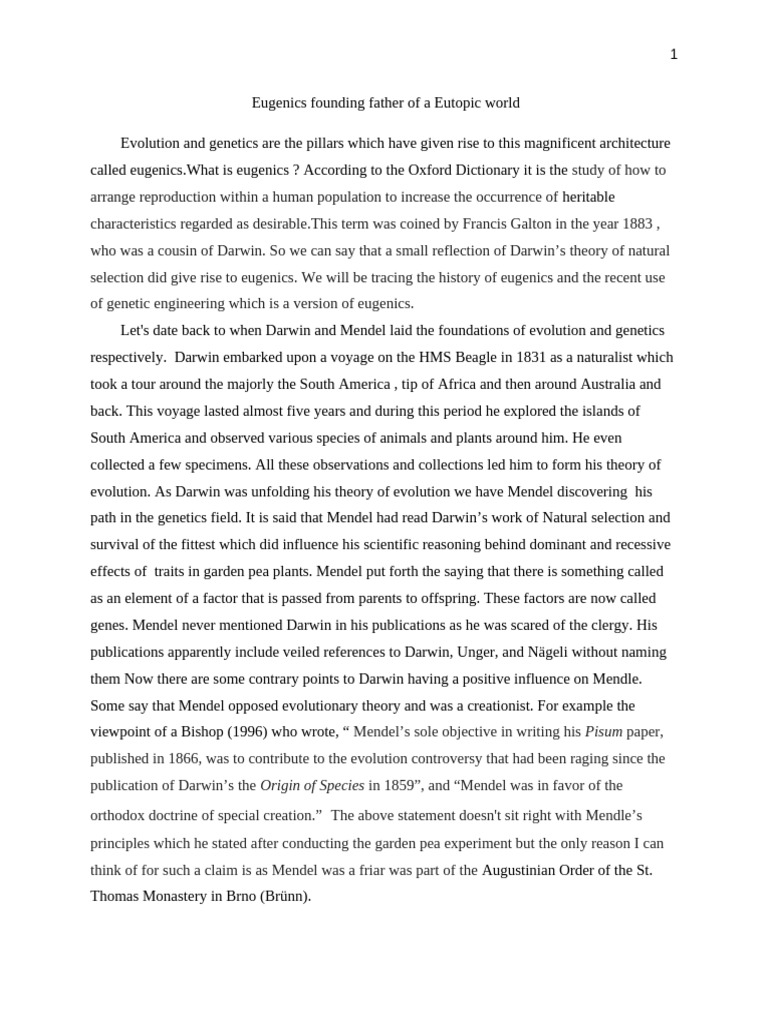 Eugenics Founding Father of A Eutopic World - Endterm Assign | PDF | Genetics | Charles Darwin