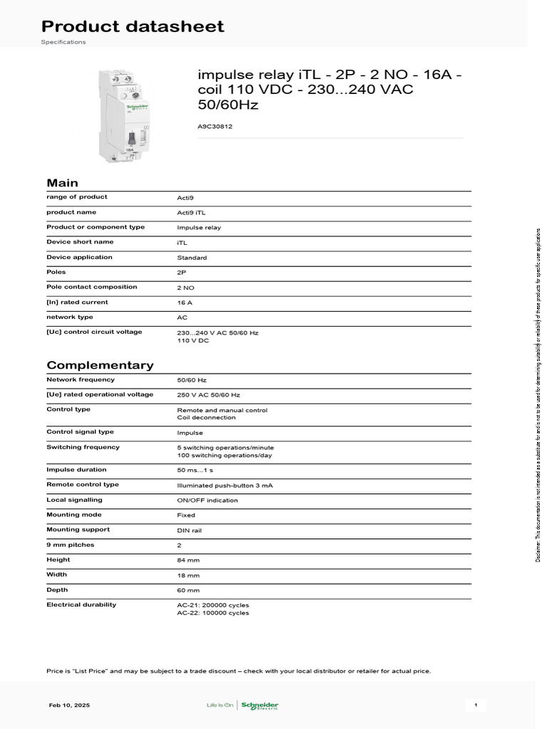 Schneider Electric ITL A9C30812 | PDF | Relay | Alternating Current