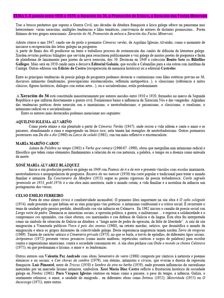 5 - Tema 5. a Poesía Entre 1936 e 1976 | PDF