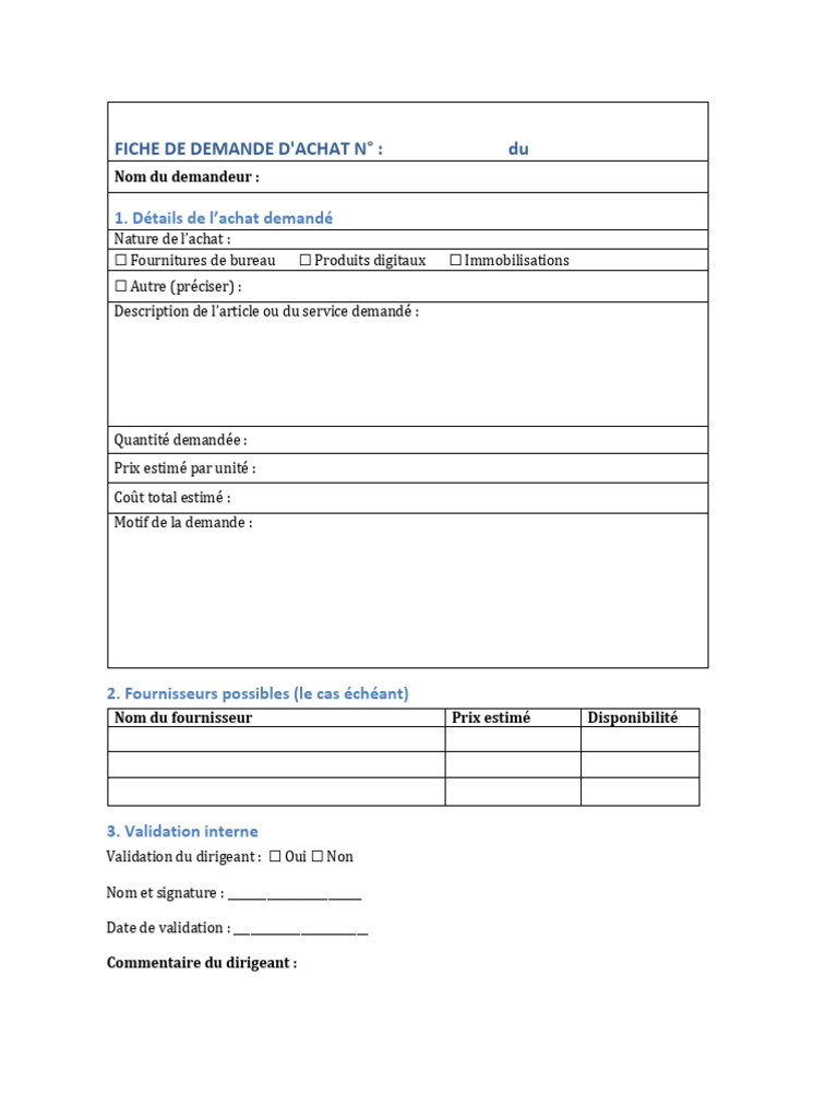 Fiche de Demande d'Achat Standardisée | PDF