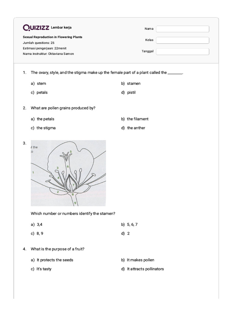 Quiz on Plant Reproduction | PDF | Flowers | Botany