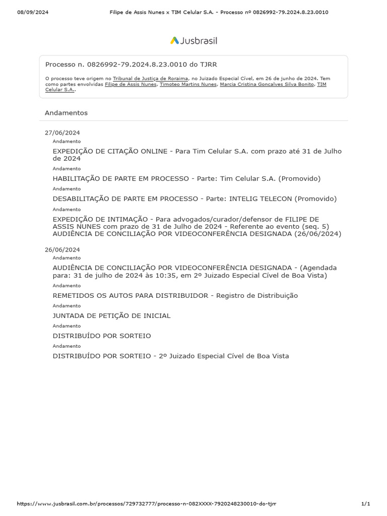 Processo N 082XXXX 7920248230010 Do TJRR Andamentos | PDF