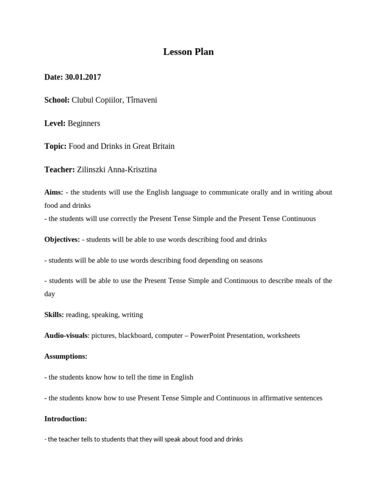 Lesson Plan Food and Drinks | PDF | Lesson Plan | Lunch