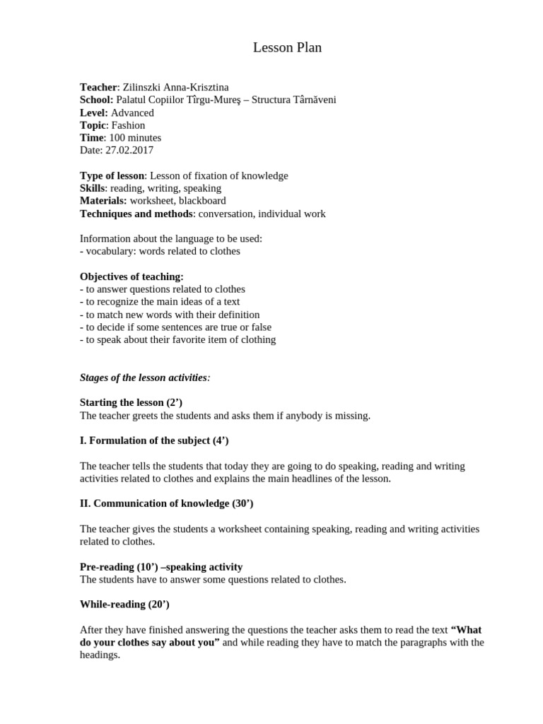 Lesson Plan Fashion | PDF | Vocabulary | Knowledge