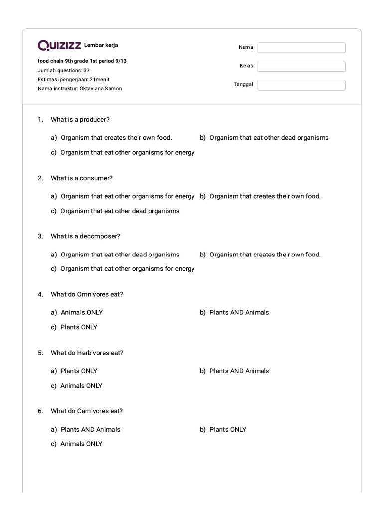 9th Grade Food Chain Worksheet | PDF | Foods | Food Web