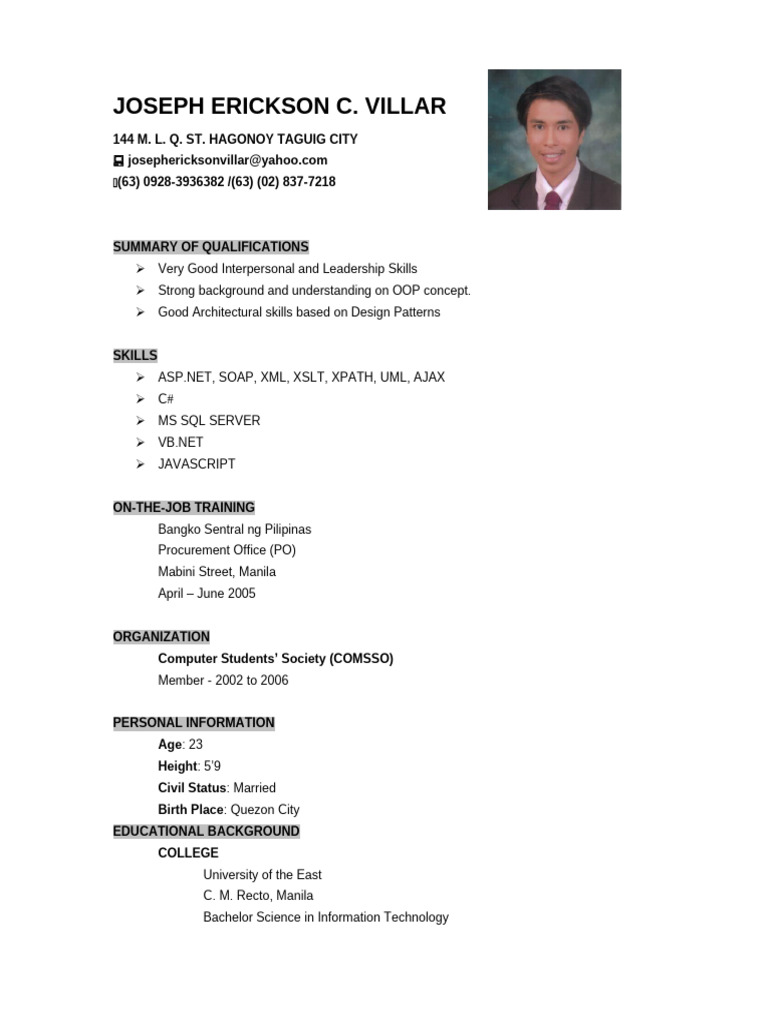 Joseph Erickson Villar's CV Summary | PDF | Computing | Software