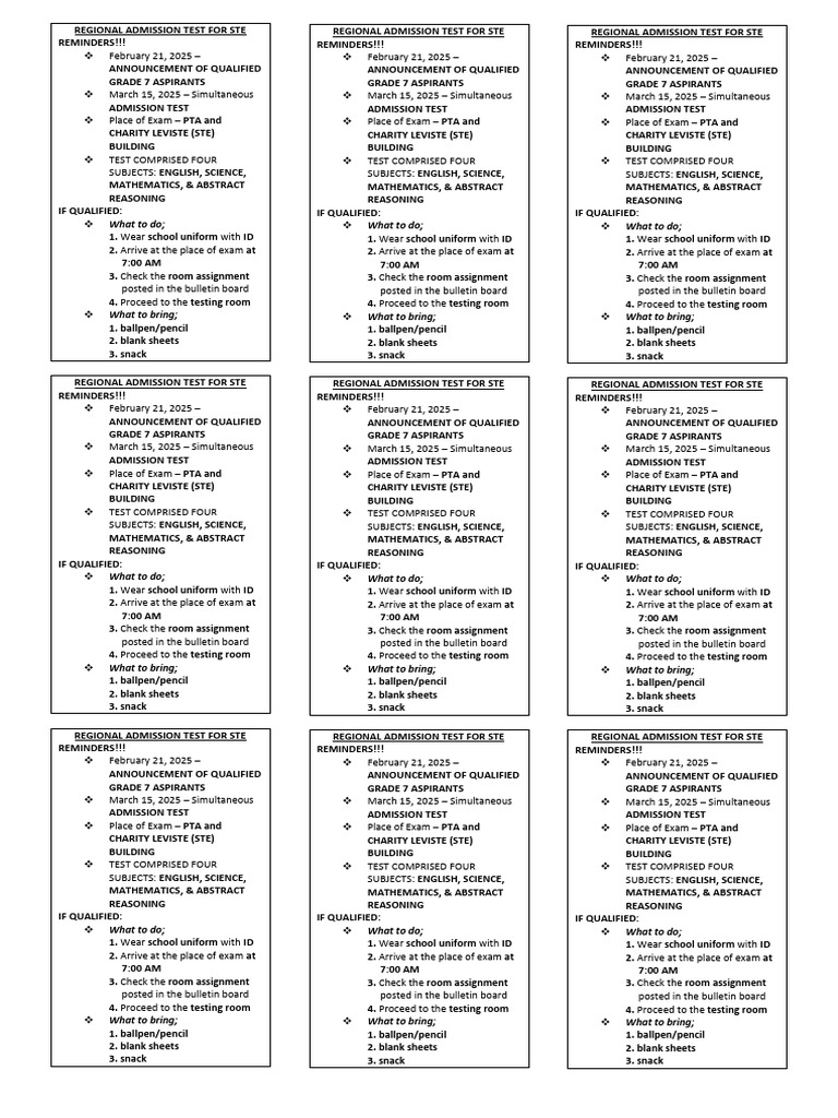 Stub-Regional Admission Test For Ste | PDF | Evaluation | Qualifications