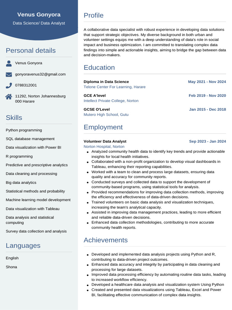 Venus Gonyora Data Analyst | PDF | Data Analysis | Data Science