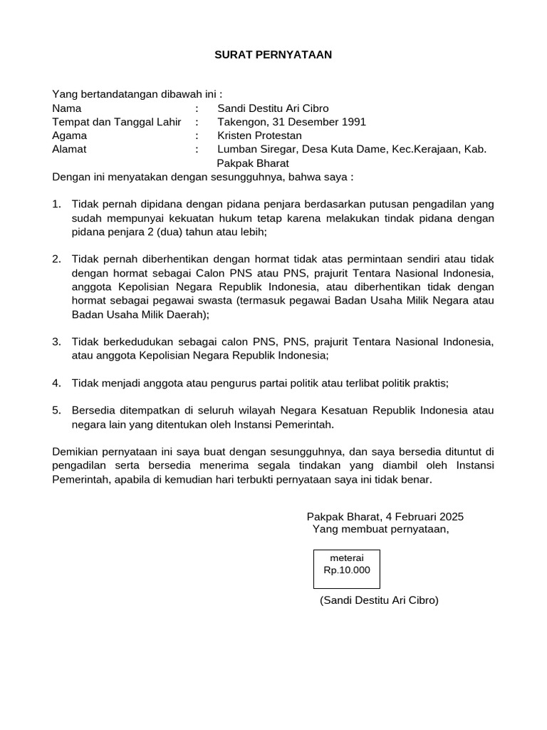 SURAT PERNYATAAN 5 POIN CPNS_PENGAJUAN NIP | PDF