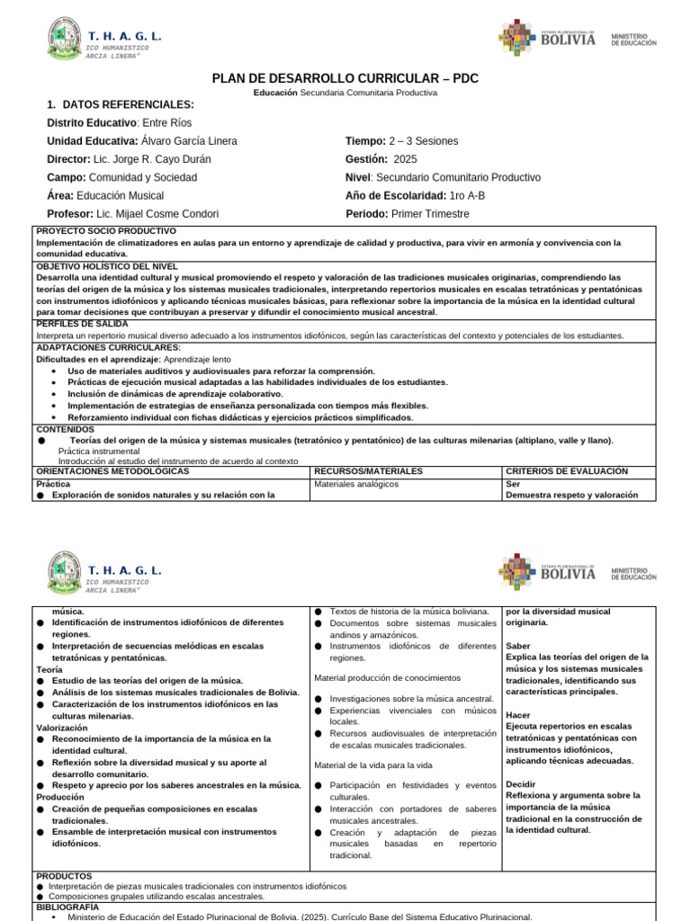 PDC 1ro Sec | PDF | Aprendizaje | Bolivia