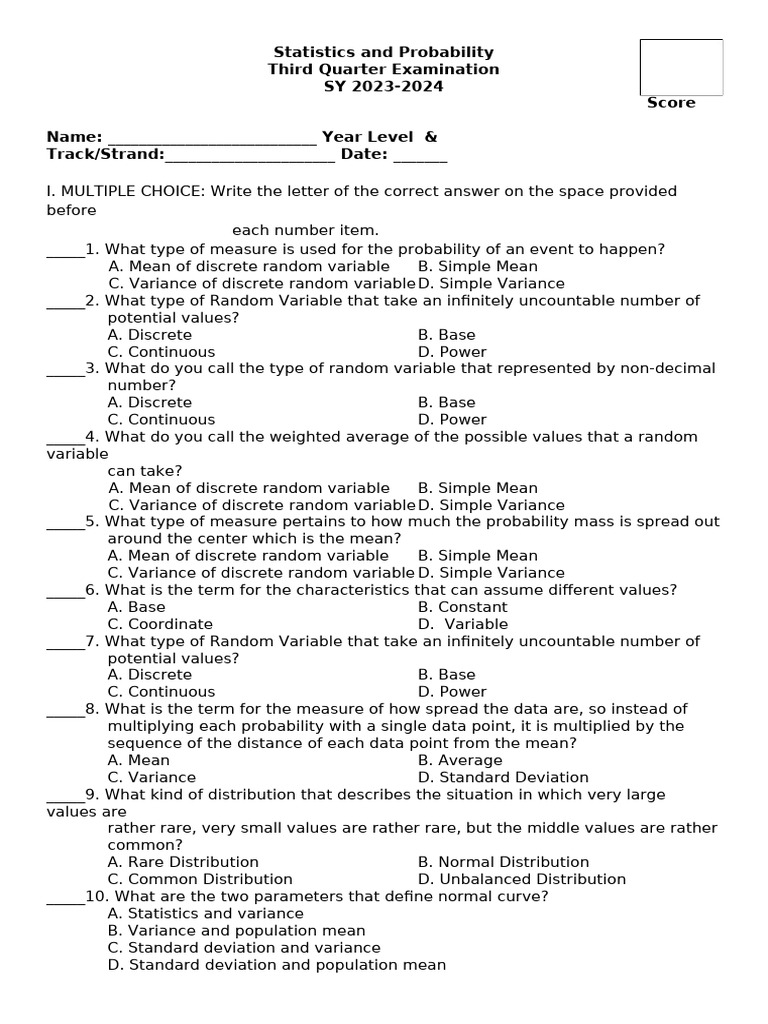 Statistics-and-probability-Q3-Exam-for Printing | PDF | Normal Distribution | Probability ...