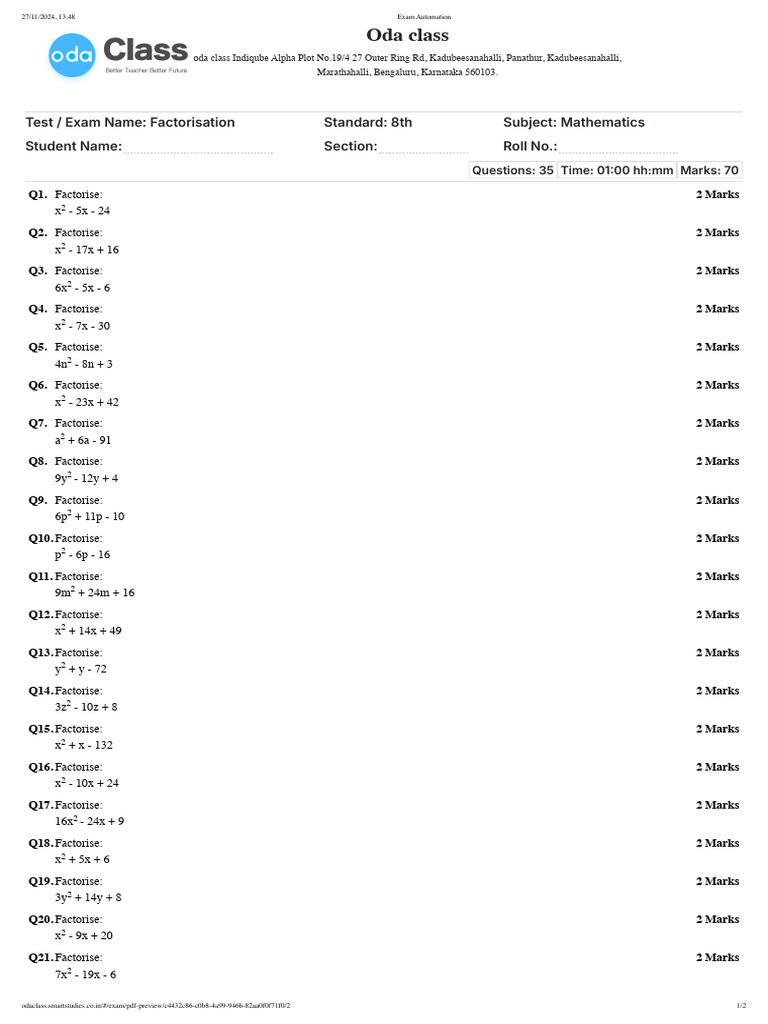 Factorisation - Middle Term Splitting Method | PDF