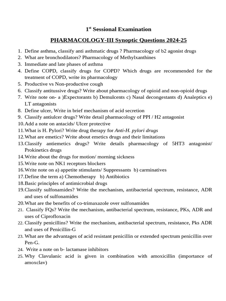 Synoptic Questions - Pharmacology-III - PCI | PDF