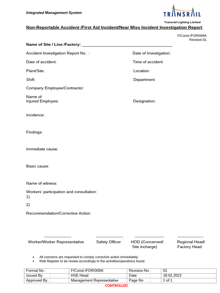 Non-Reportable Accident Investigation Report | PDF