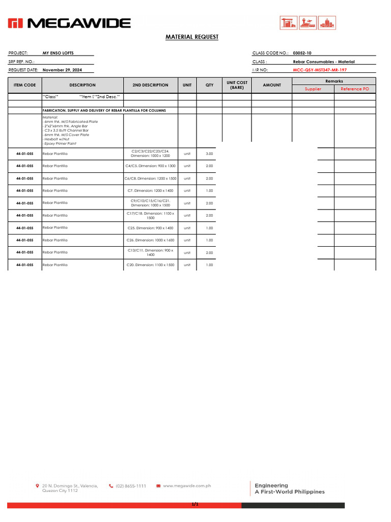 Rebar Plantilla Material Request Document | PDF
