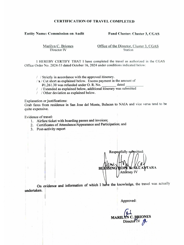 Certification of Travel Completed | PDF