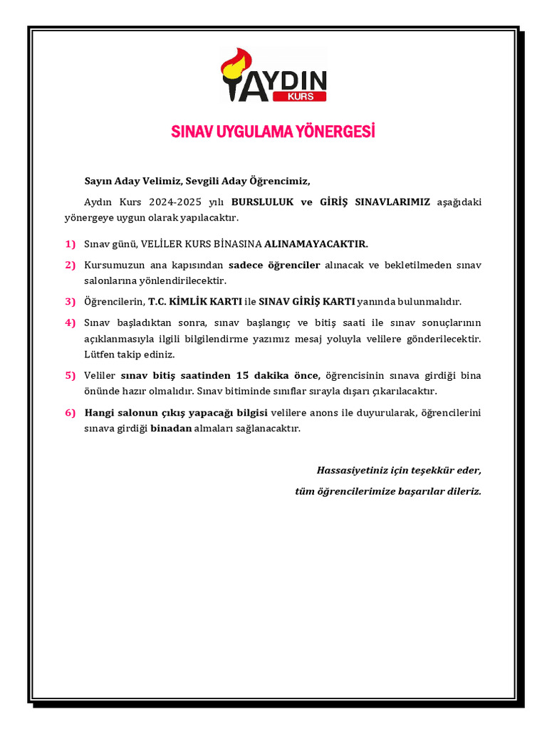 Aydin Kurs Sinav Yonergesi 2025 | PDF