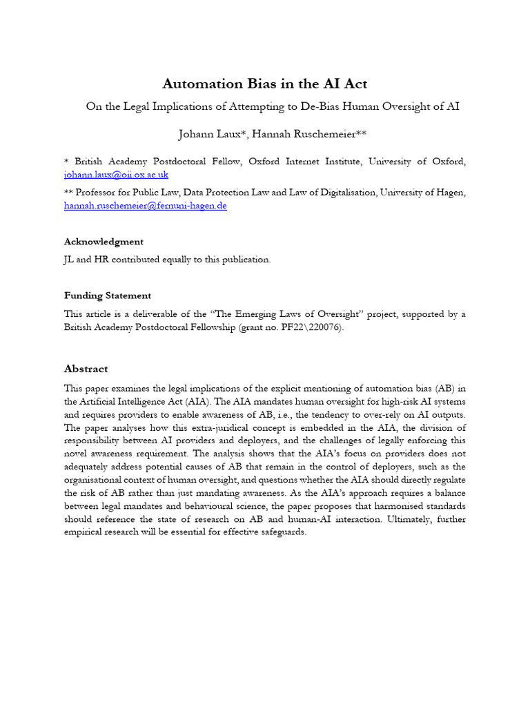 Automation Bias in The AI Act | PDF | Artificial Intelligence ...