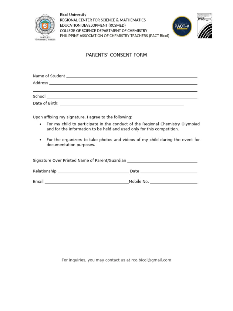 RCO 2025 Parents Consent Form | PDF