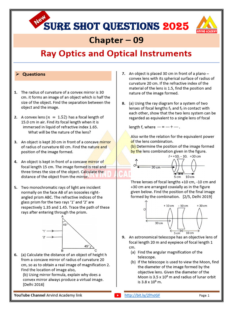 Ray Optics Questions for NEET 2025 | PDF | Refractive Index | Optics