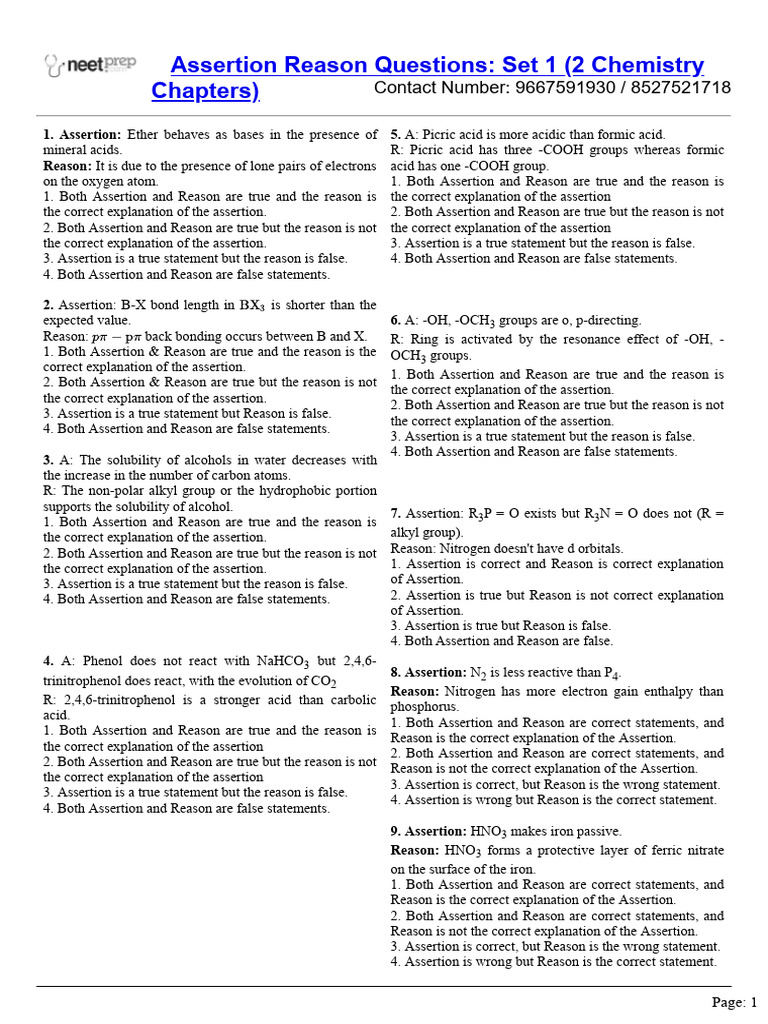 Assertion Reason Questions - Set 1 (2 Chemistry Chapters) | PDF | Chemical Bond | Acid