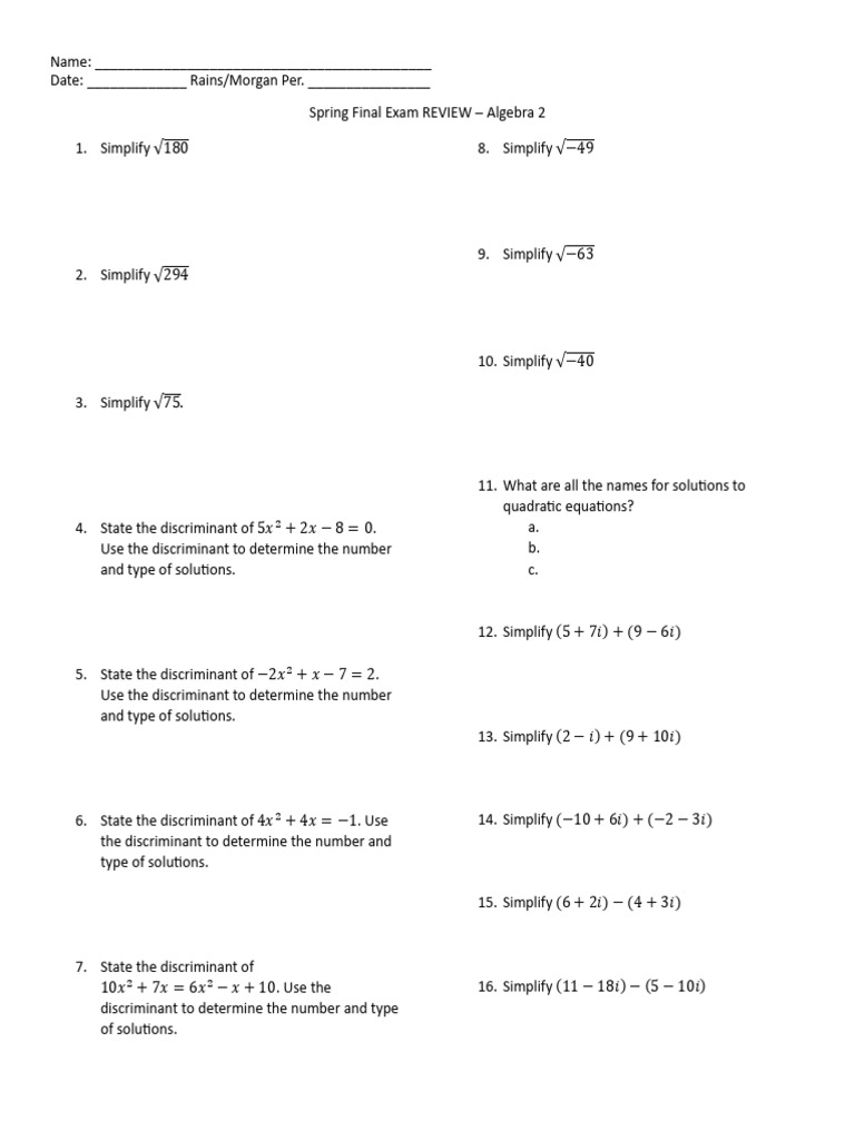 17 MAY - Algebra 2 Spring 2024 Final REVIEW | PDF | Quadratic Equation ...