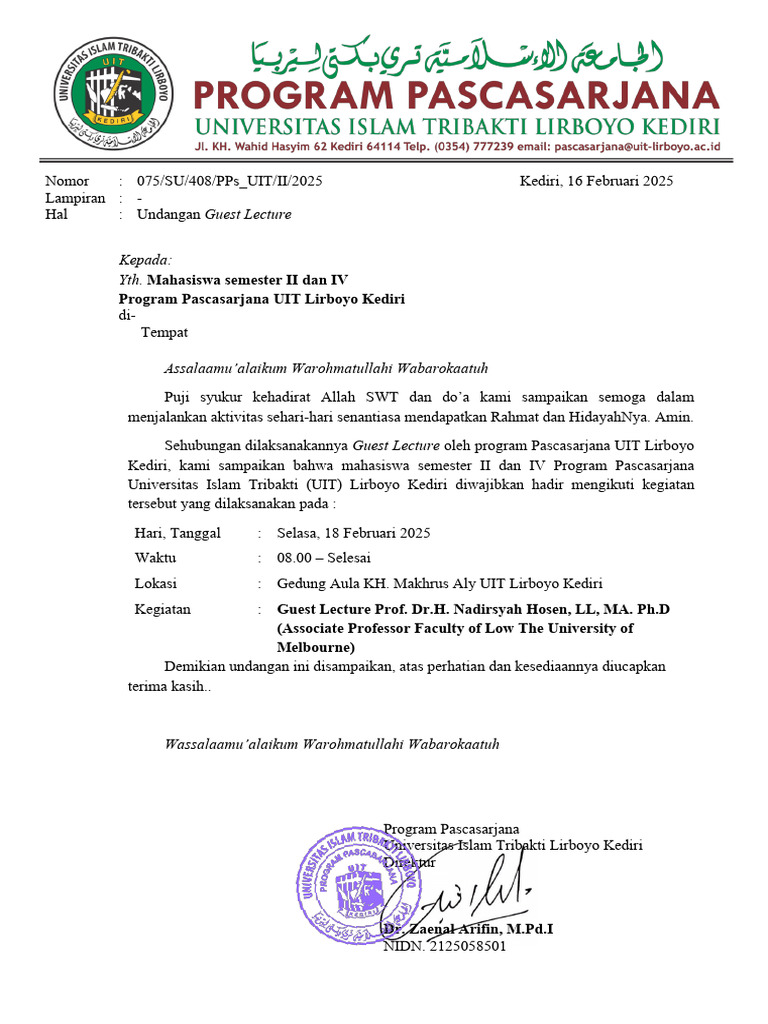 Undangan Guest Lecture Prof Nadhirsyah | PDF