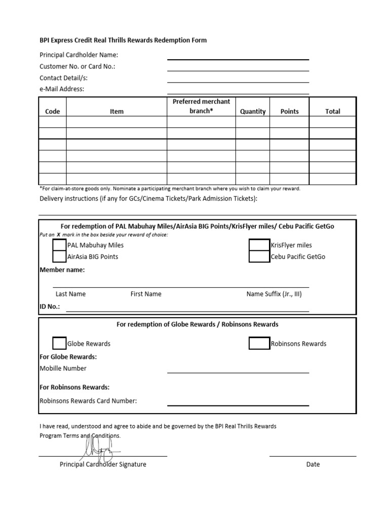 BPI Rewards Redemption Form | PDF