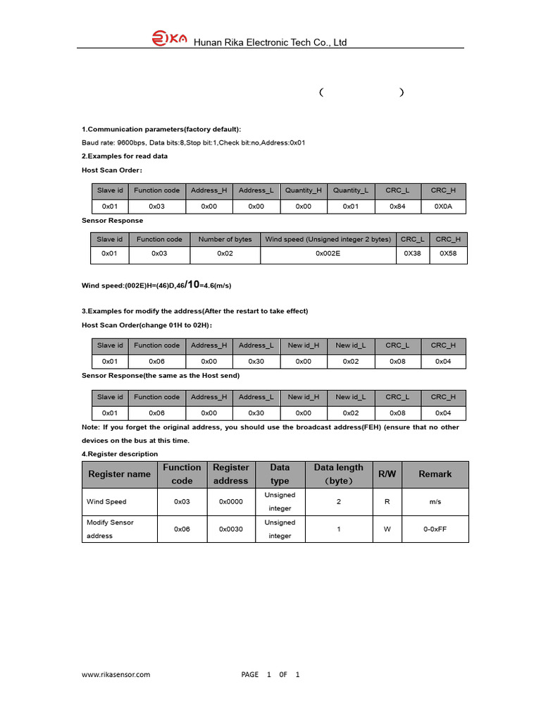 RK100-01 Pressure Sensor Protocol | PDF