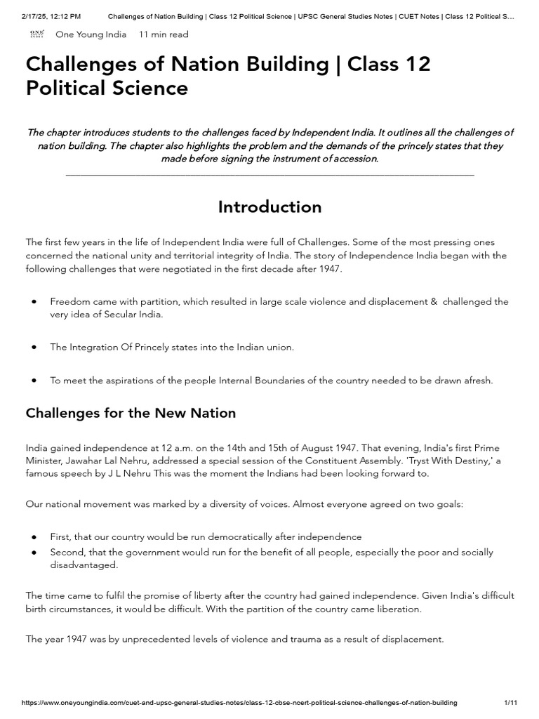 Challenges of Nation Building in India | PDF | Partition Of India | Two ...