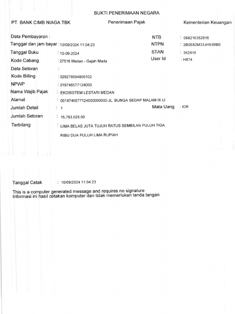 Bukti Bayar PPH 21 Agust 2024 | PDF