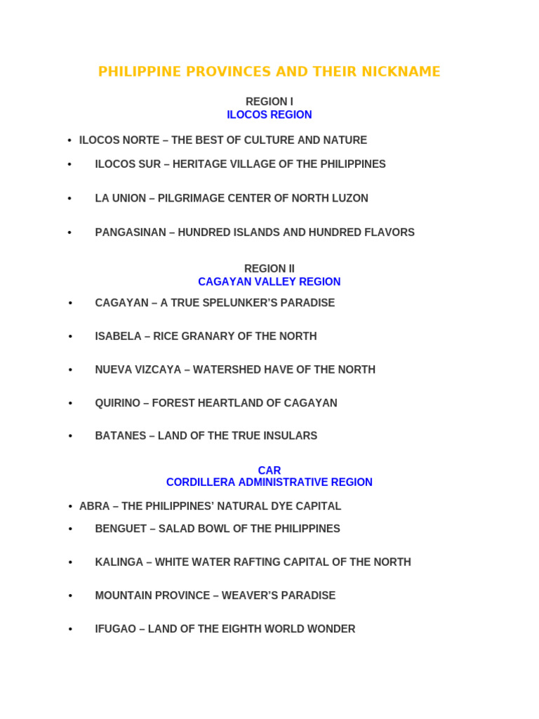 Philippine Provinces and Their Nickname | PDF | Luzon | Mindanao