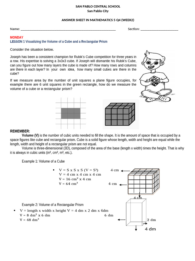 Mathematics 5 Answer Sheet Q4 Week 2 | PDF | Volume | Rectangle