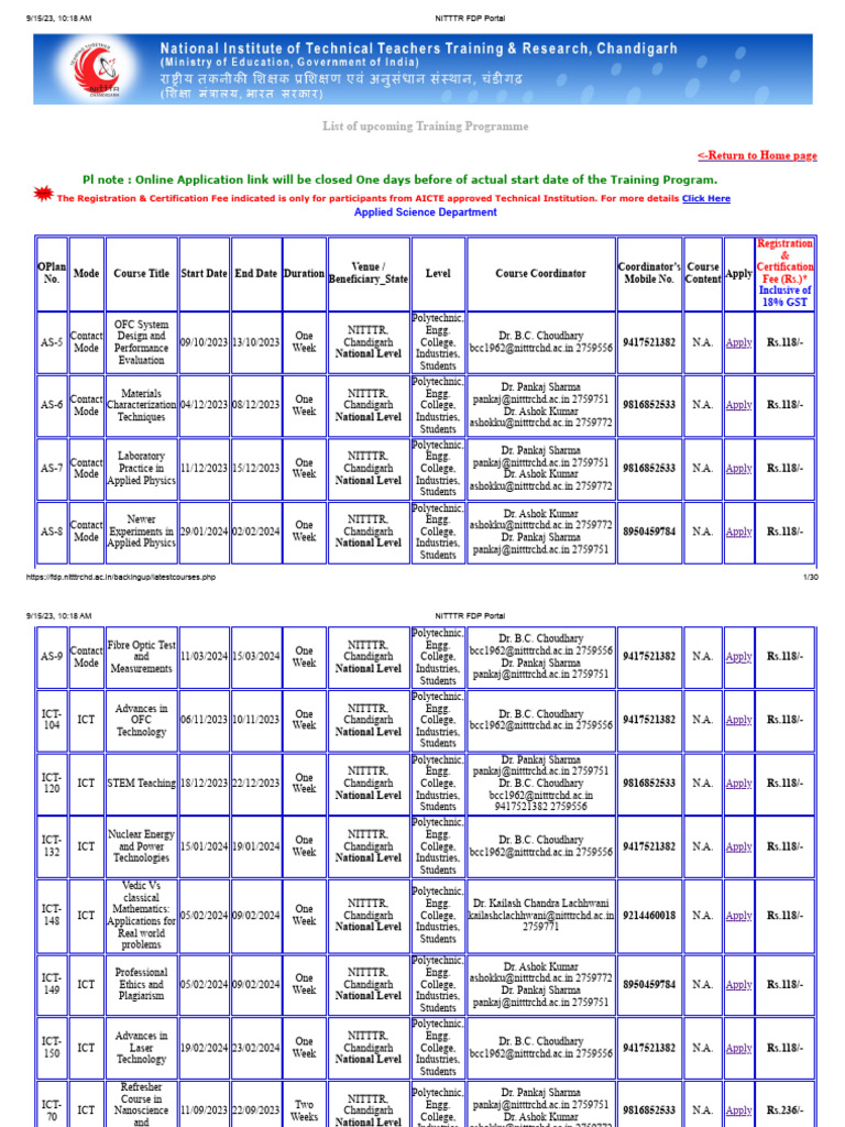 Upcoming NITTTR FDP Training Programs | PDF