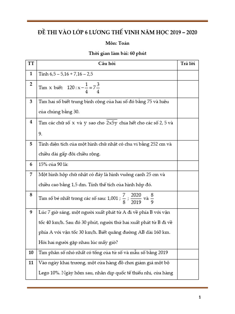 Mathx De Thi Vao 6 Mon Toan Truong Thcs Thpt Luong The Vinh Nam Hoc