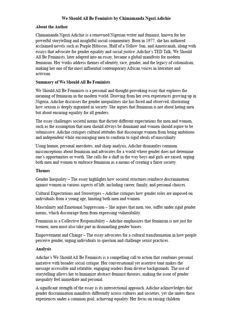Feminism Essay by Chimamanda Adichie | PDF | Gender Studies | Feminism