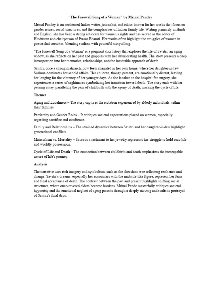 The Farewell Song of A Woman by Mrinal Pandey | PDF