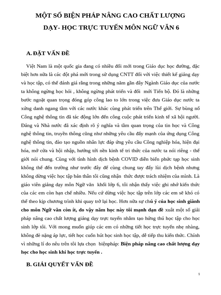 SKKN Nang Cao Chat Luong Day Hoc Tao Hung Thu Cho Hoc Sinh Khi Hoc Truc Tuyen | PDF