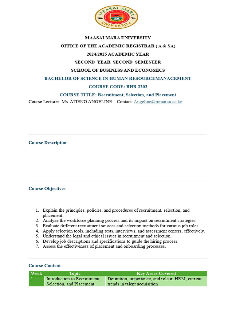 BHR 2203 Recruitment, Selection &placement Course Outline | PDF ...