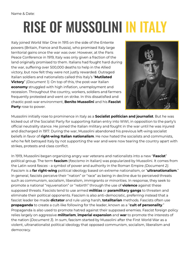 01_RiseofMussolini_Reading%28Longer%29 | PDF | Fascism | Benito Mussolini