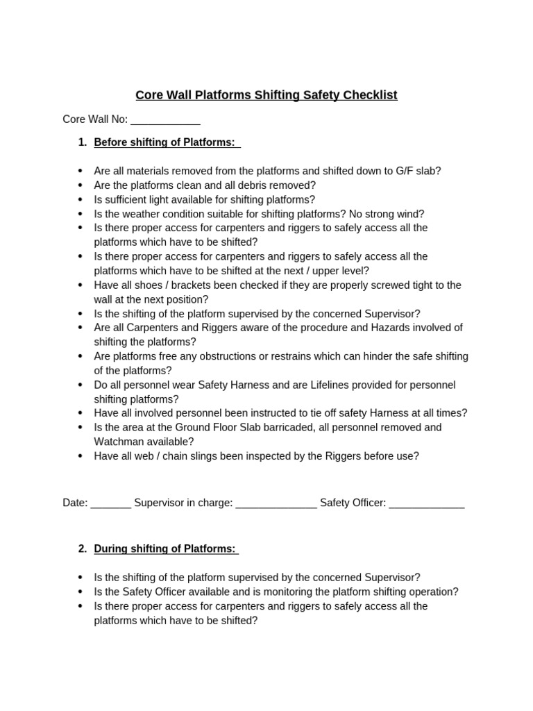 Core Wall Platforms Shifting Safety Checklist | PDF | Occupational ...