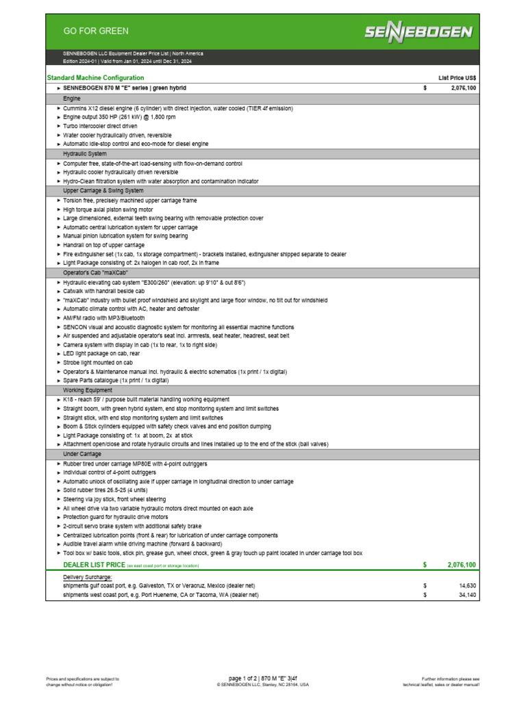 SENNEBOGEN 2024 Dealer Price List | PDF | Engines | Steering