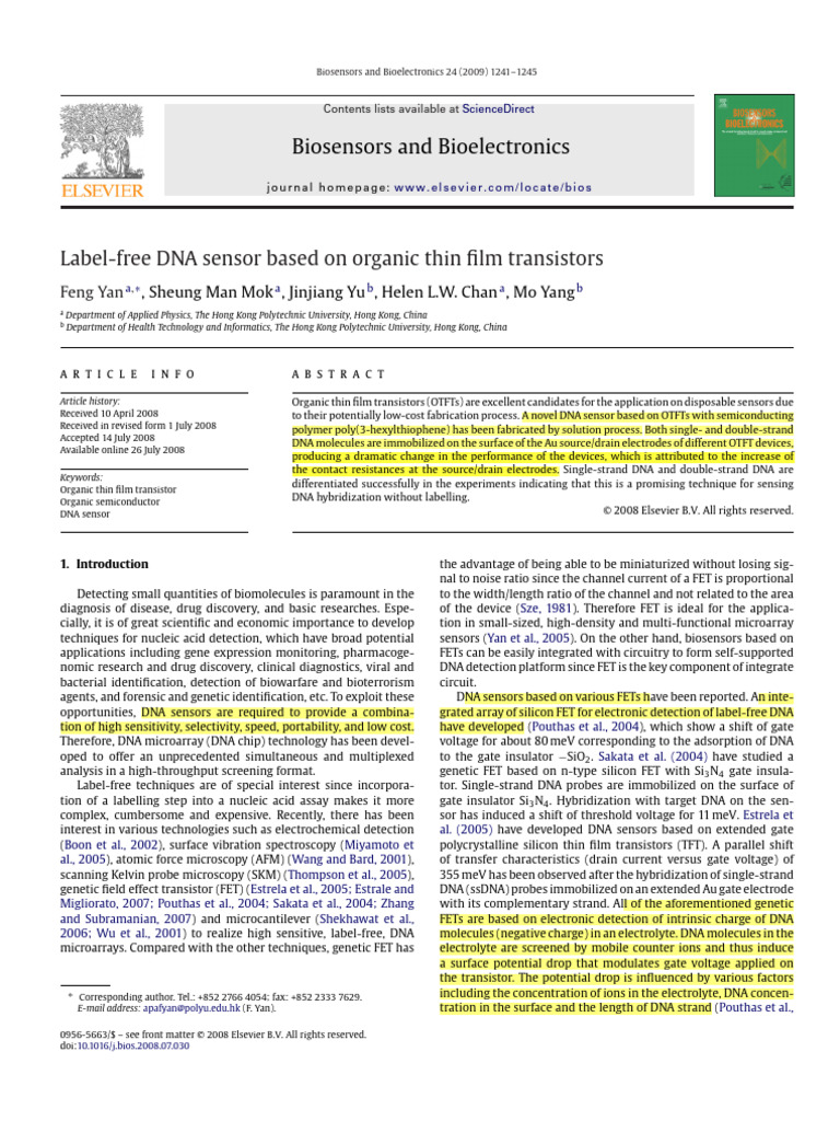 DNA Sensor Based On OTFT | PDF | Field Effect Transistor | Biosensor