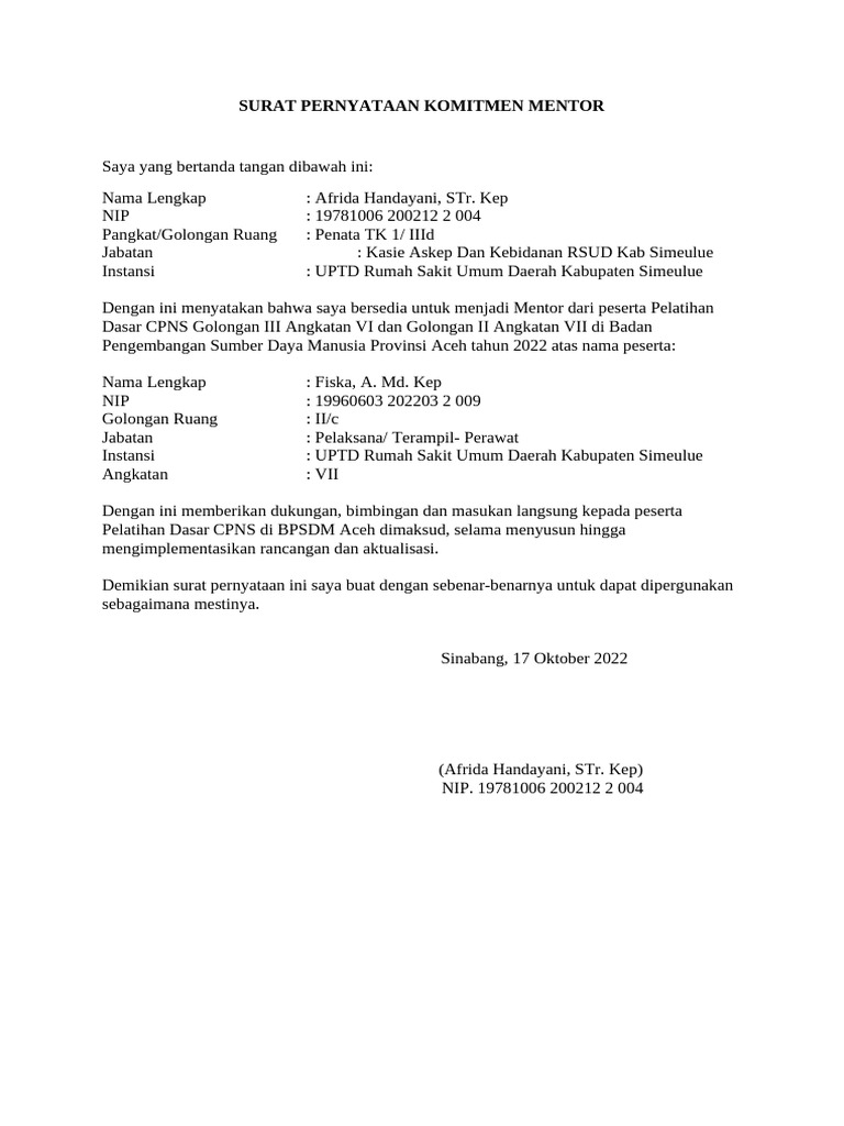 Surat Pernyataan Komitmen Mentor Fiska | PDF